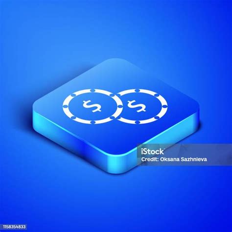 파란색 배경에 고립 된 달러 기호 아이콘이있는 등각 칭하 동전 돈 은행 통화 기호입니다 현금 기호입니다 파란색 사각형 버튼입니다 벡터 일러스트레이션 개념에 대한 스톡 벡터