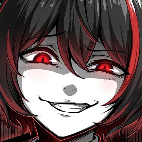 A Close Up Of A Person With Red Eyes And Black Hair Smiling At The Camera