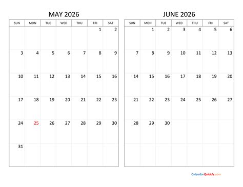 May And June 2026 Calendar Calendar Quickly