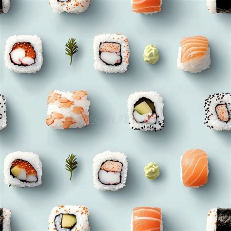 Colorful Sushi Variety On Blue Background With Wasabi And Ginger Stock