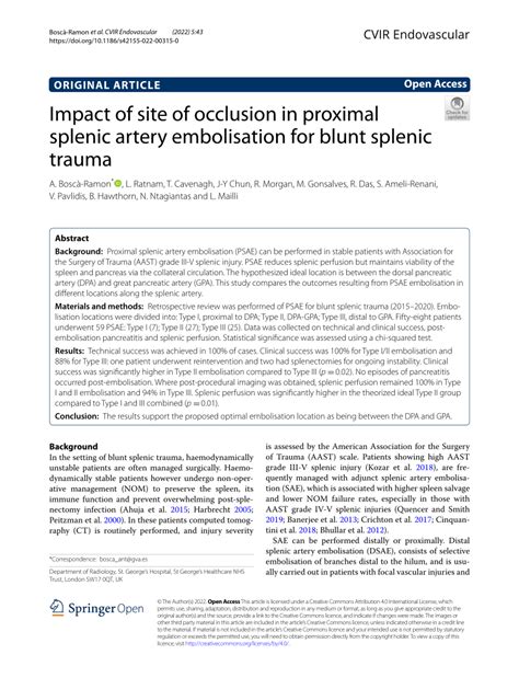 Pdf Impact Of Site Of Occlusion In Proximal Splenic Artery