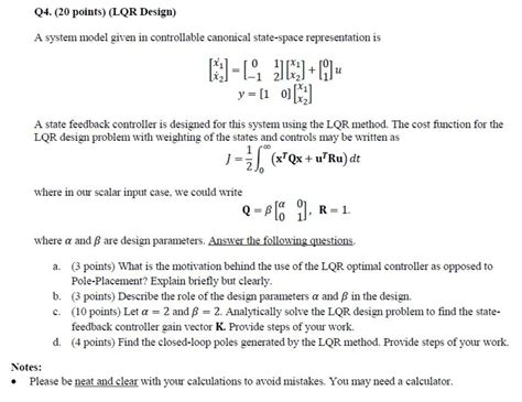 Solved Q Points LQR Design A System Model Given In Chegg