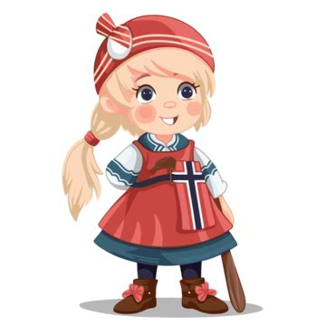Norway Clipart Beautiful Character In Norwegian Costume Carrying A Wooden Bat Cartoon Vector