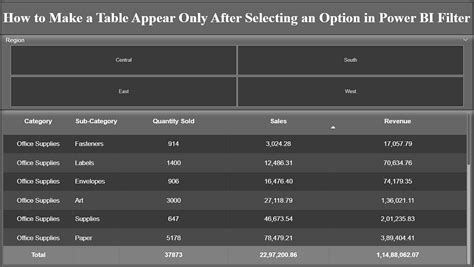 how to make a table appear only after selecting an option in power bi
