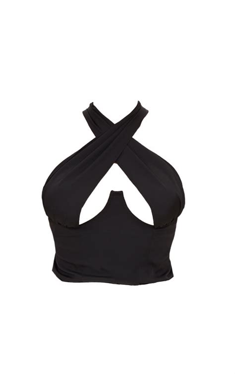 Black Woven Cross Over Zip Top Tops Prettylittlething Uae