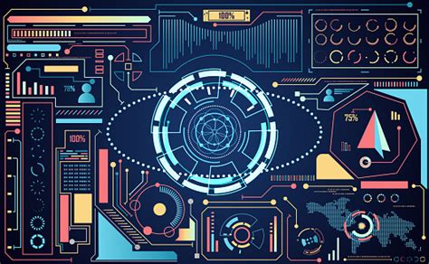 추상적인 기술 Ui 미래 Ai 다채로운 Hud 인터페이스 홀로그램의 요소 디지털 데이터 차트 통신 컴퓨팅 및 원형 활력 혁신에