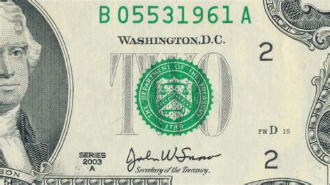 Us 2 Bill Elements Jefferson Portrait Serial Number And Federal