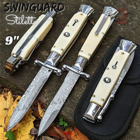 Swinguard Stiletto Knife Rare Italian Automatic White Bone Damascus