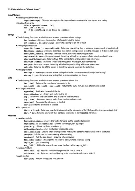 Cs 150 Midterm Cheat Sheet Printable Pdf Download