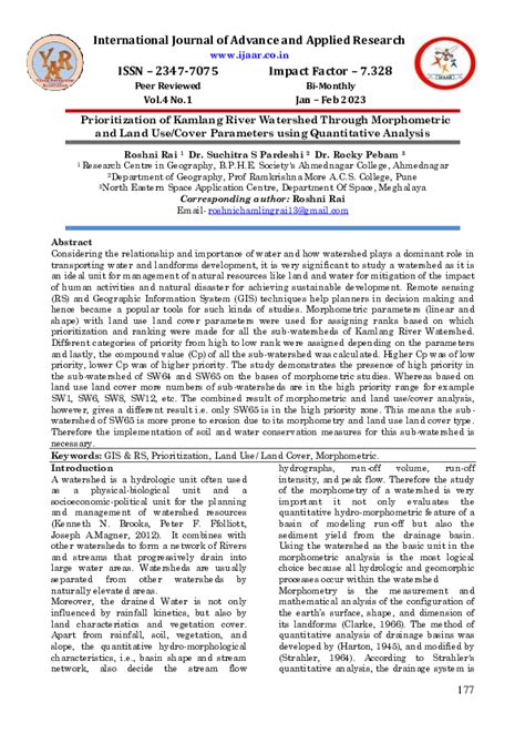 Pdf Prioritization Of Kamlang River Watershed Through Morphometric And Land Use Cover