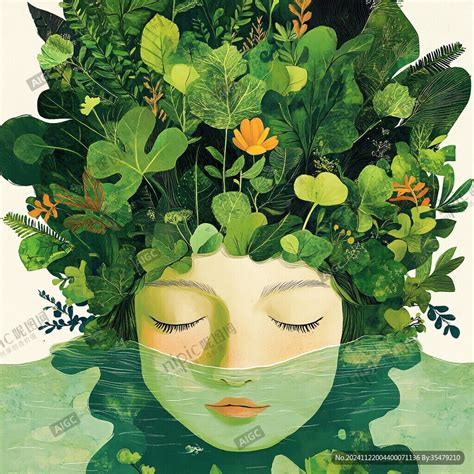 ai创作图森系主题插画 人与自然类插图 墨绿色女孩插画 森系人物插画 森系女孩插画 森系装饰画 面膜插画设计 人与自然插画 绿色创意插画 绿色