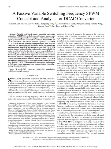 PDF A Passive Variable Switching Frequency SPWM Concept And Analysis For DCAC Converter
