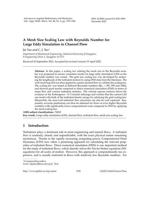 Global Science Press A Mesh Size Scaling Law With Reynolds Number For