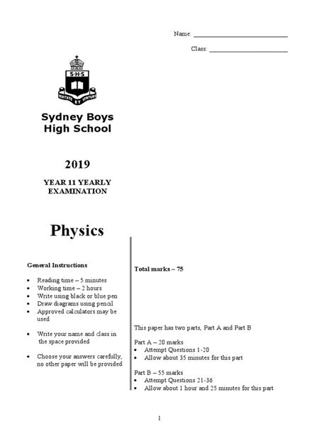 Sydney Boys 2019 Physics Prelim Yearly And Solutions Pdf Velocity Force