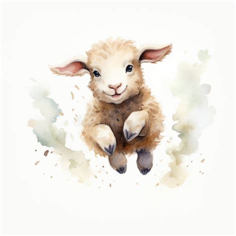 Watercolor Style Happy Sheep Jumping With White Background Stock