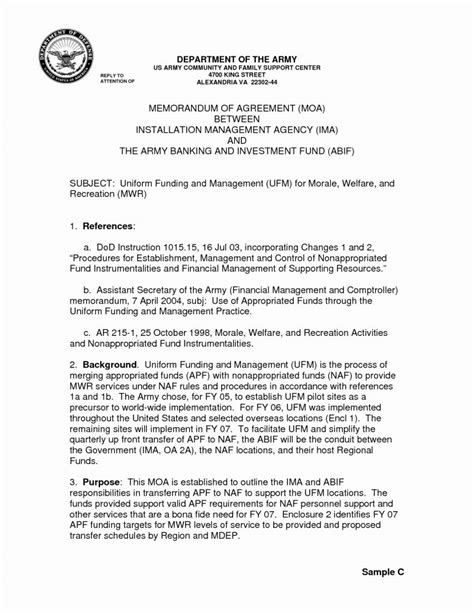 Memorandum Of Agreement Template Army 10 Examples Of Professional