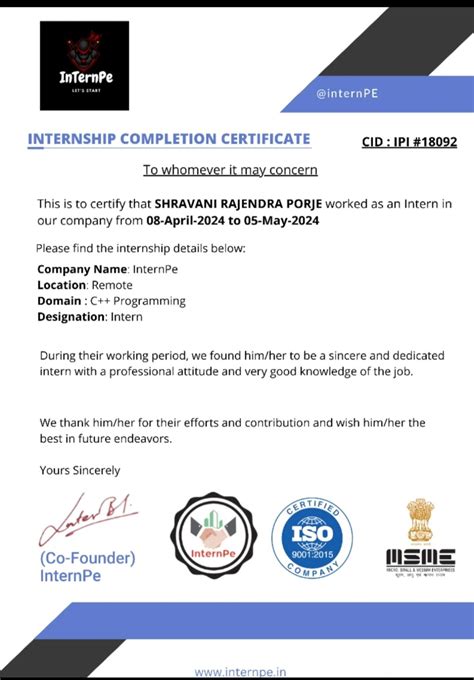 Shravani Porje On Linkedin Internshipcompletion Cpp Programmingjourney