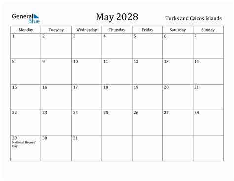 May 2028 Monthly Calendar With Turks And Caicos Islands Holidays Monday Start