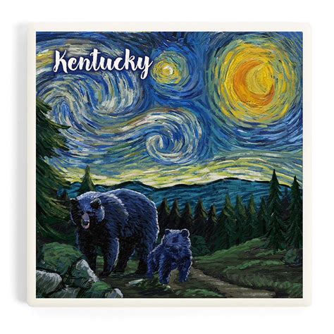 Kentucky Starry Night Bear And Cub Ceramic Coaster Set Lantern Press