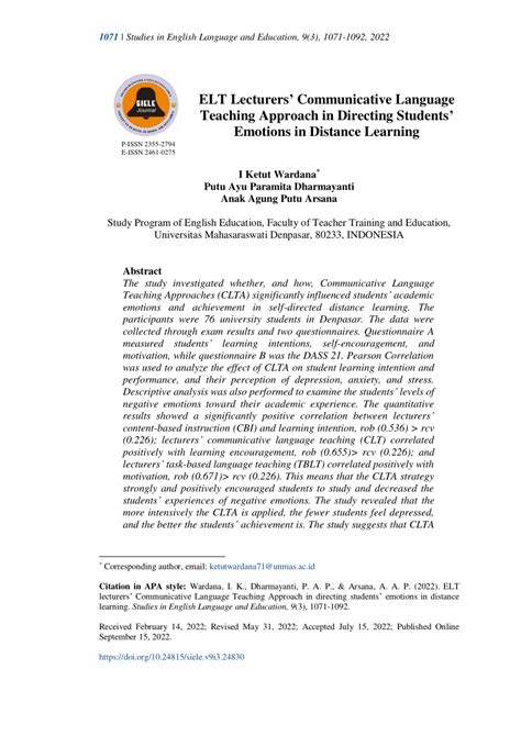 Pdf Elt Lecturers Communicative Language Teaching Approach In
