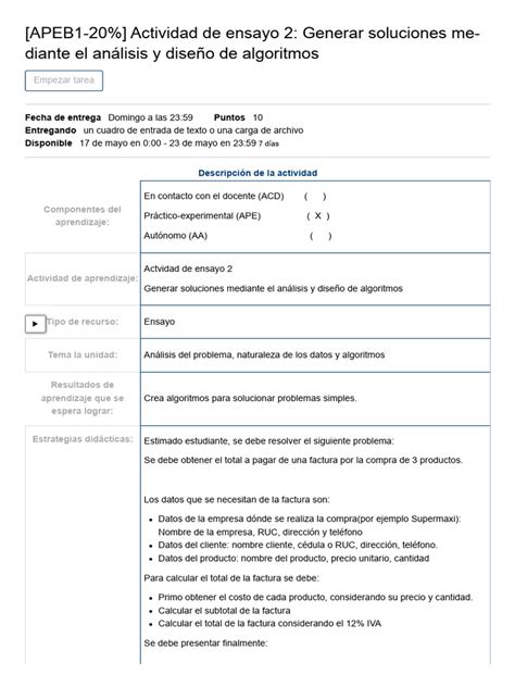 Apeb1 20 Actividad De Ensayo 2 Generar Soluciones Mediante El Análisis Y Diseño De
