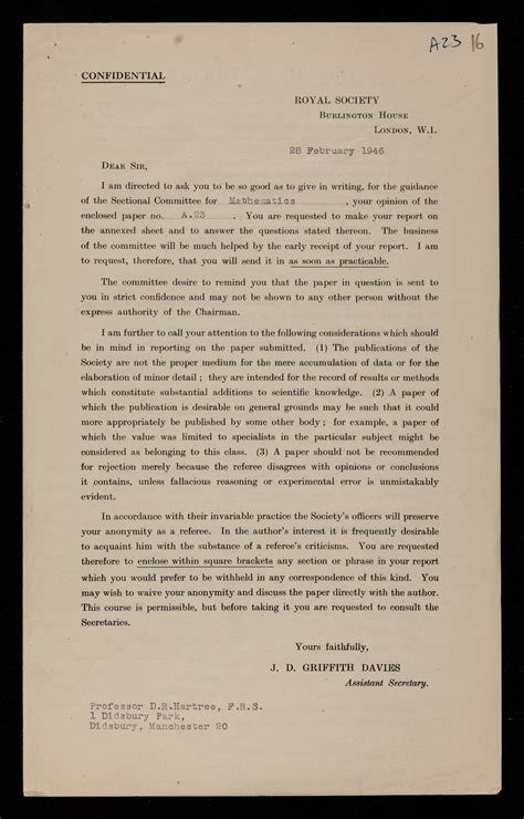 Referees Report By Douglas Rayner Hartree On A Paper The Quantal