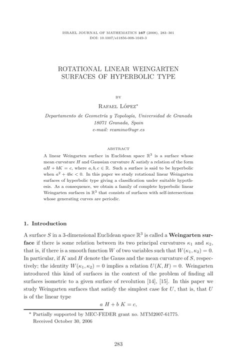 Pdf Rotational Linear Weingarten Surfaces Of Hyperbolic Type