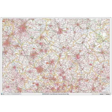 East Midlands Postcode Sector Wall Map S7 Stanfords