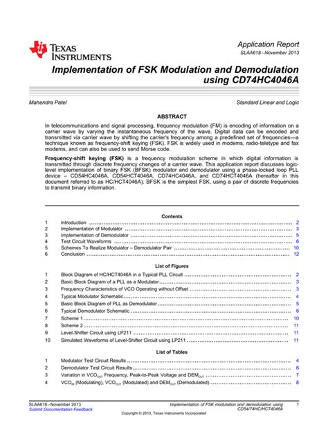 Fsk Modulationdemodulation With Cd74hc4046a