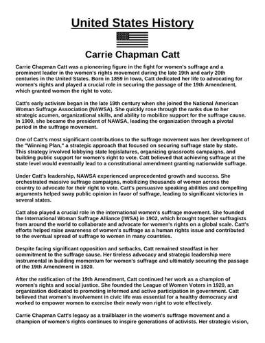Carrie Chapman Catt Article And Questions” Assignment Teaching Resources