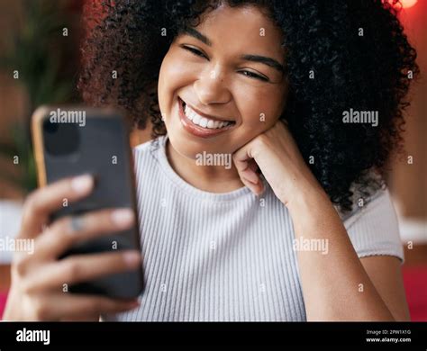Black Woman Phone And Smile For Selfie With Happy Face For Social