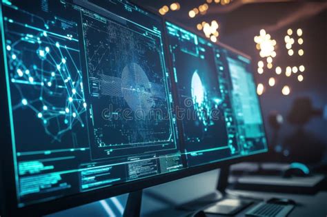 Advanced Data Visualization On Multiple Screens In A Modern Tech Workspace At Night Stock