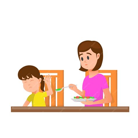 Una Madre Está Triste Porque Su Hija No Quiere Comer Verduras Vector