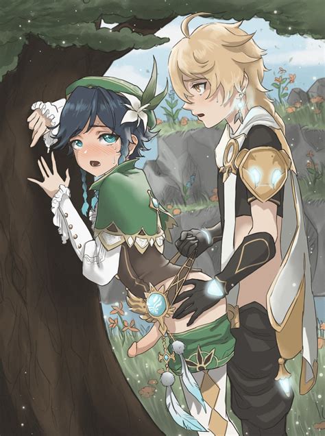 Rule 34 2boys Aether Genshin Impact Against Tree Blonde Hair Blue