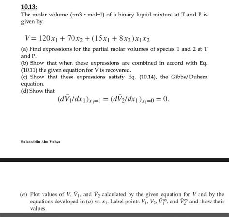 solved 10 13 the molar volume cm3⋅mol−1 of a binary