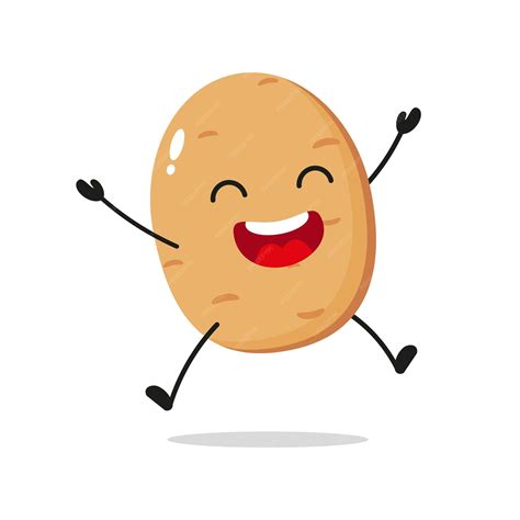 귀여운 행복 감자 캐릭터 플랫 스타일의 재미있는 점프 감자 야채 만화 이모티콘 프리미엄 벡터