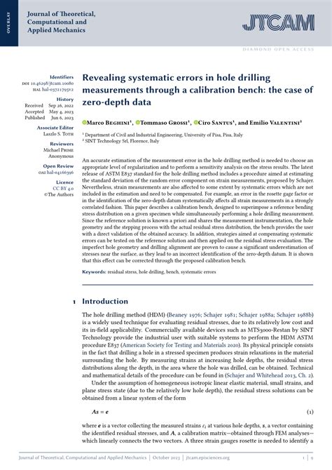 Pdf Revealing Systematic Errors In Hole Drilling Measurements Through A Calibration Bench The