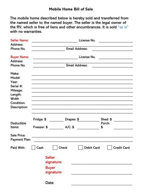 Free Mobile Home Bill Of Sale Forms Word Pdf