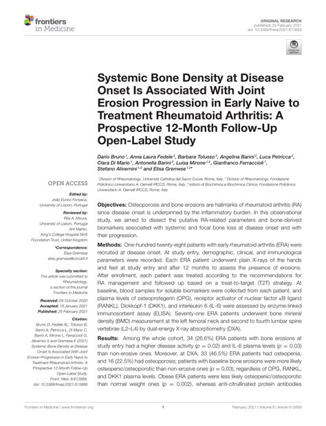 Pdf Systemic Bone Density At Disease Onset Is Associated With Joint Erosion Progression In