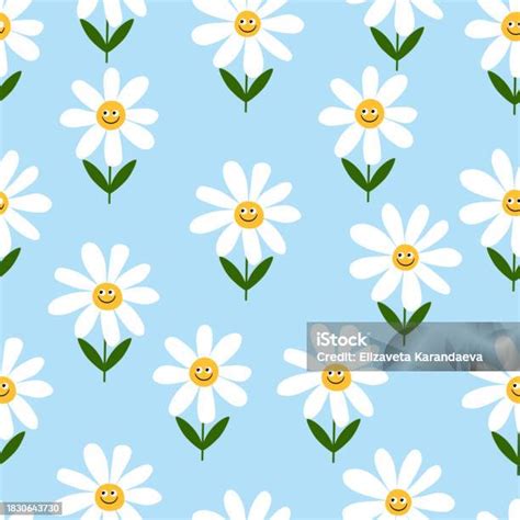파란색 배경에 미소를 가진 간단한 카모마일과 더불어 완벽 한 재미 있는 패턴 직물 및 포장지용으로 인쇄합니다 미소에 대한 스톡 벡터 아트 및 기타 이미지 Istock