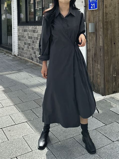 톤오어 르메인 언발 랩 셔츠 롱 원피스3color