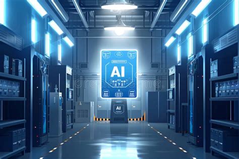 Ai Server Room With Digital Interface Blue Glowing Lights High Tech