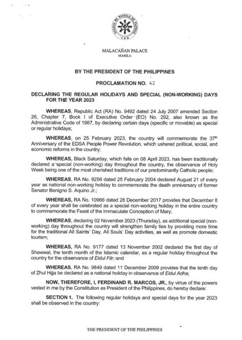 Proclamation No 42 Declaring The Regular Holidays And Special Non