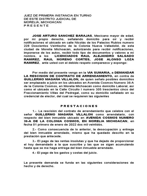 Demanda Rescision De Contrato De Arrendamiento Pdf Gobierno Ley Común