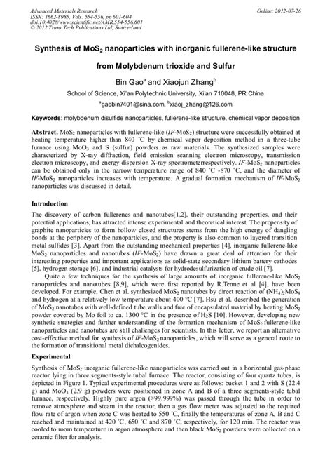 Synthesis Of Mos2 Nanoparticles With Inorganic Fullerene Like Structure From Molybdenum Trioxide