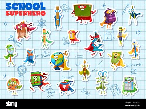 Cartoon School Stationery Superhero Characters Stickers Vector Pencil