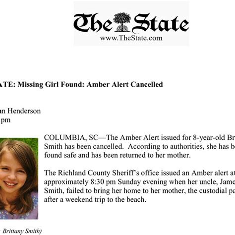 Newspaper News Story Amber Alert Issued For Missing 8 Year Old Girl