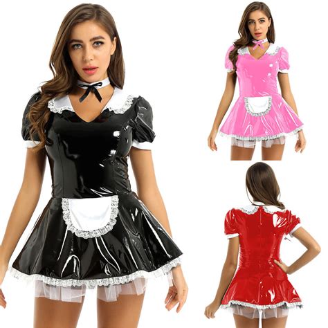Sexy Womens French Maid Fancy Dress Pvc Leather Uniform Cosplay