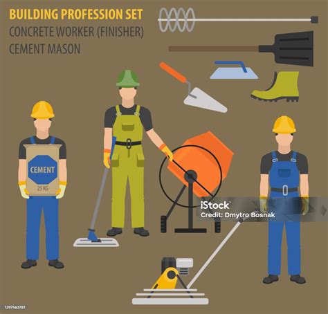 직업과 직업 세트 콘크리트 작업자 도구 및 장비 메이슨의 균일 한 평면 디자인 아이콘 남자에 대한 스톡 벡터 아트 및 기타 이미지 남자 콘크리트 혼합 Istock