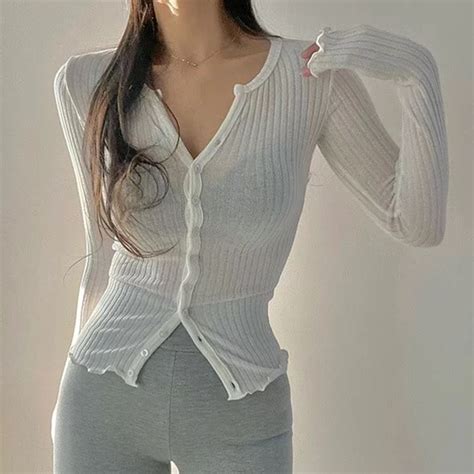 여성용 긴팔 상의 니트 가디건 얇은 티셔츠 봄 가을 버튼 티셔츠 슬림 티셔츠 여성 의류 Aliexpress